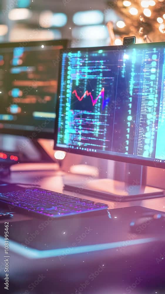 Modern Workspace with Dual Monitors and Vibrant Keyboard Lighting ...