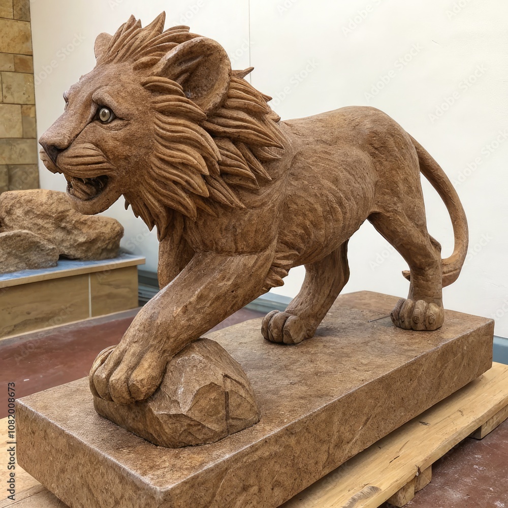 Lion Cub Sculpture Carved From Granite Showcasing Playful Antics in a Studio Setting. Generative ...