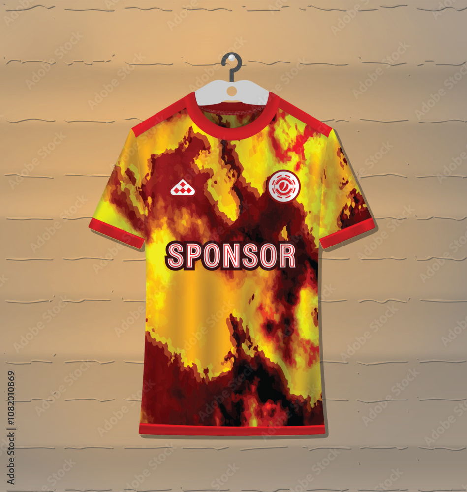 Sports jersey design with an abstract color combination of red, yellow ...