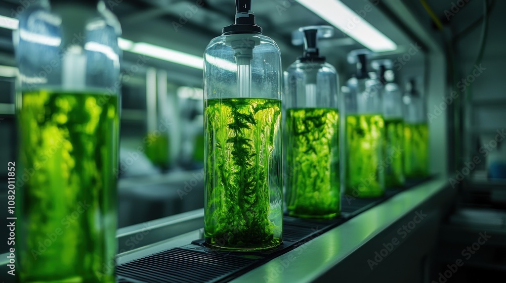 Advanced bioengineering lab creating synthetic organisms futuristic tanks, glowing green fluids ...