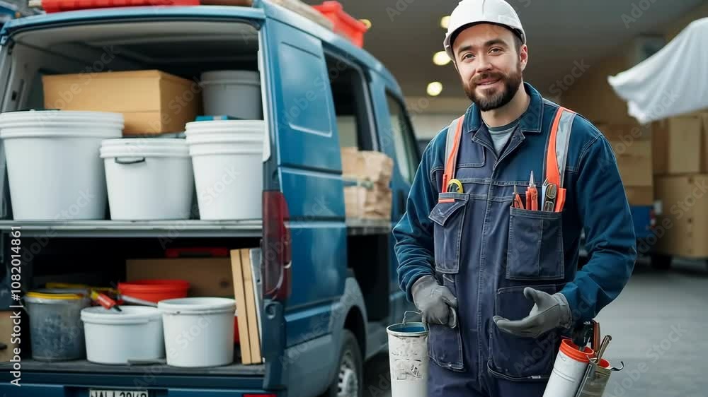 A man in a blue work uniform stands in front of a blue van Stock Video ...