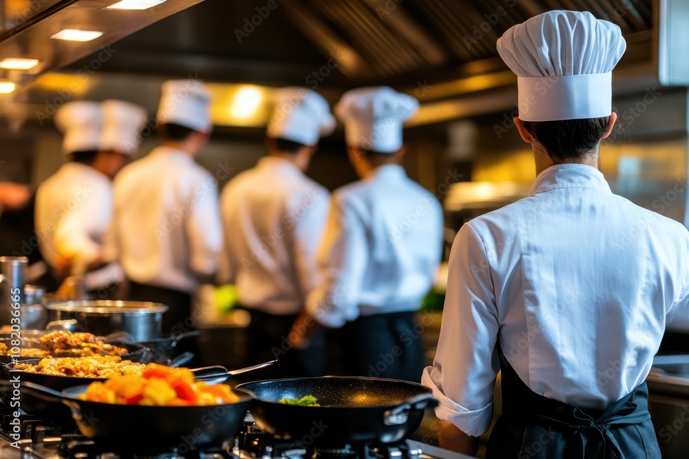 Silhouette of a confident chef standing in a bustling kitchen, backlit ...
