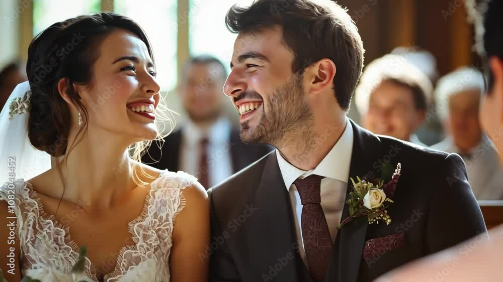 Joyful couple shares a smiling moment during their wedding ceremony in ...