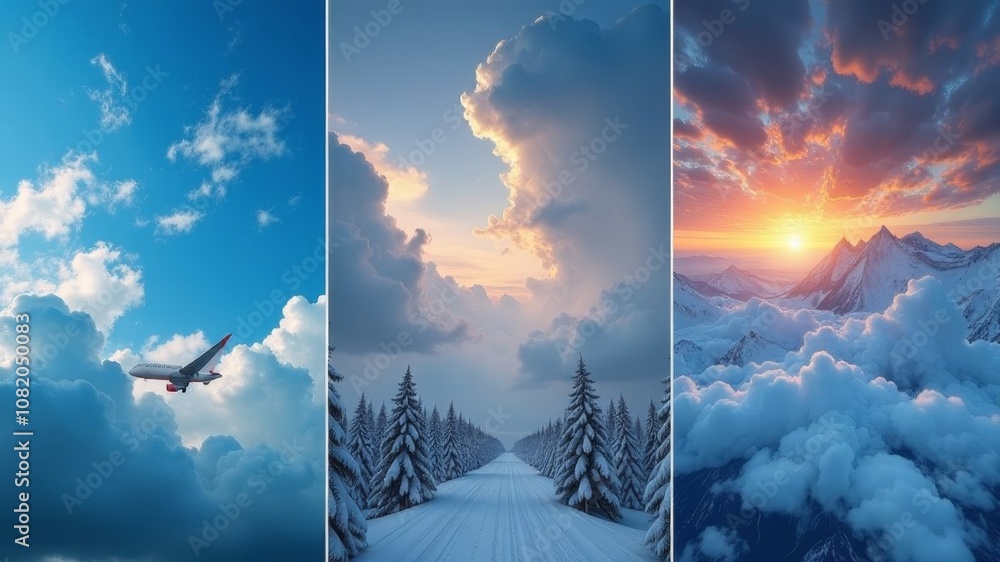 banner design collage displays photos of the sky under various weather ...