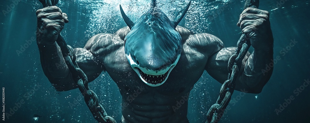 Mighty Aquatic Predator Shark Bodybuilder Hybrid Flexing Underwater ...