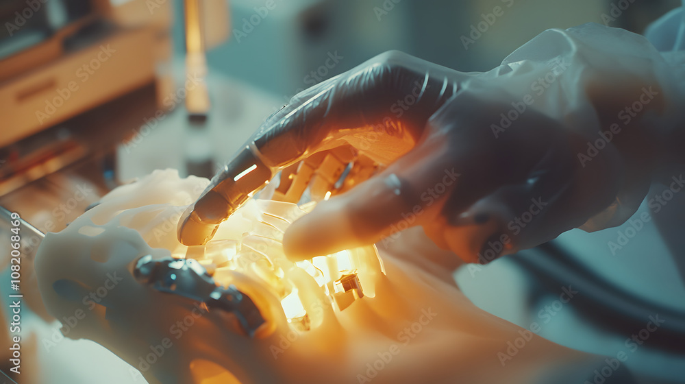 Detailed image of a myoelectric prosthetic hand grasping an object ...