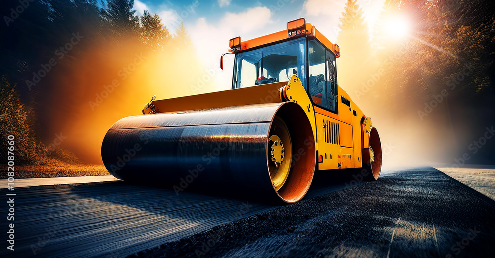 Asphalt Paving Machine. Close-up and bottom view of a large modern ...