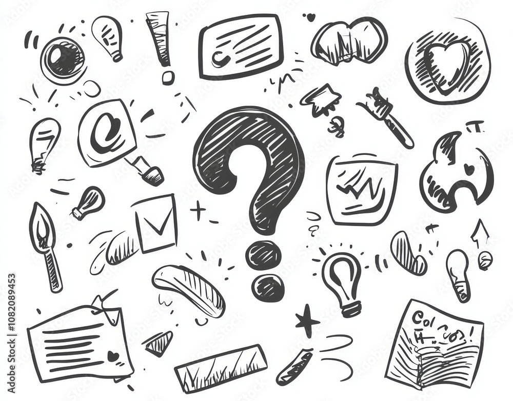 Question marks collection with different sketched symbols. Minimalistic ...