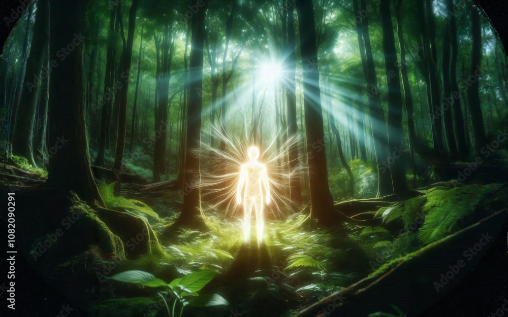 unity with nature, the aura of a person in the forest in the rays of ...