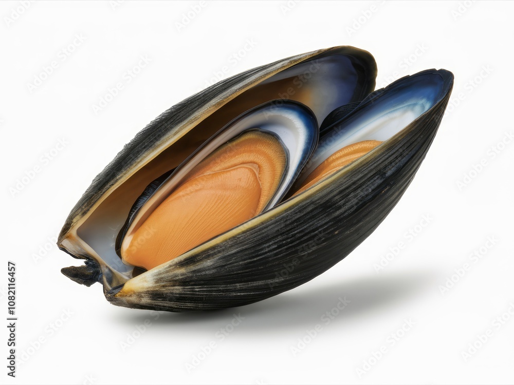 Open Mussel Shell: A detailed close-up shot of a fresh, open mussel ...