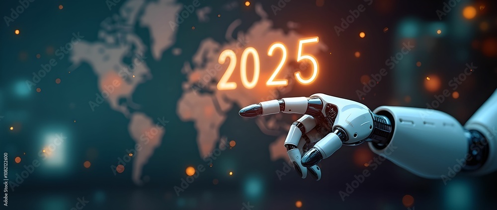 Robotic hand presses button to start new year 2025, technology and ...