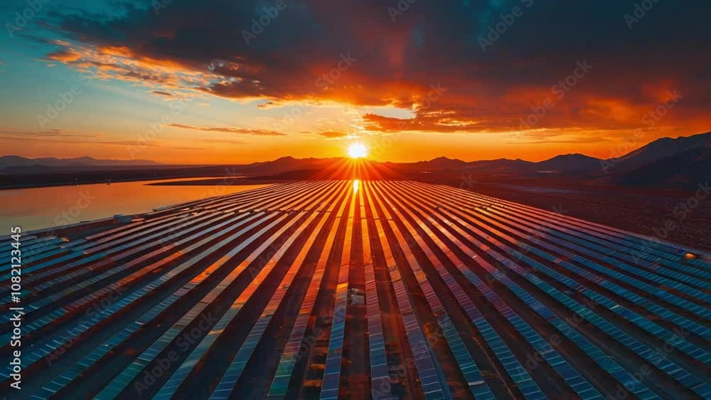 Golden sunrise over expansive solar panel fields in a rural landscape ...