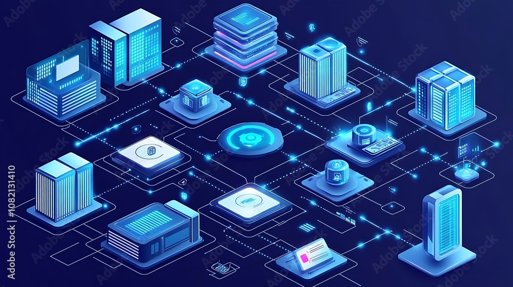 A vibrant digital illustration depicting interconnected buildings and data networks, symbolizing ...