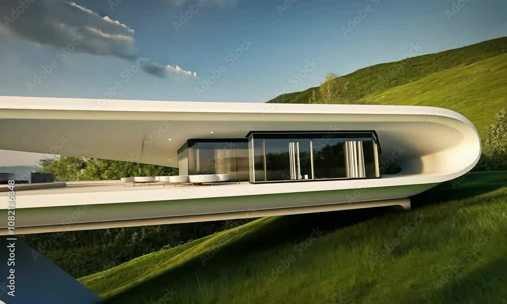 Futuristic farmhouse on a high bluff, featuring sleek exterior and ...