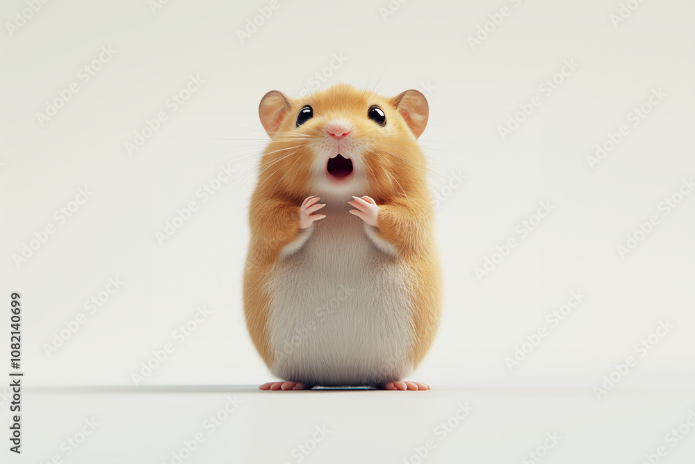 Cute surprised hamster standing upright on a plain background in a ...