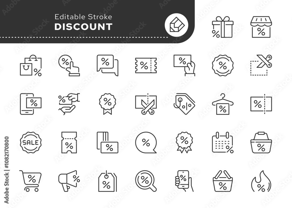 Discount line icon set. Sale, percentage, price reduction, black friday ...