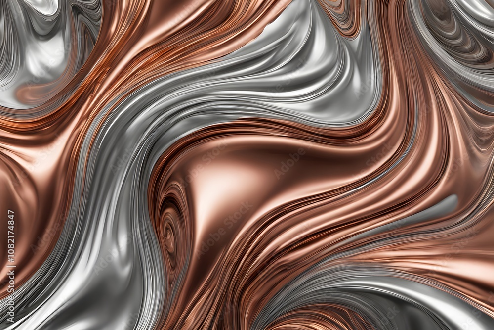 Liquid metal flows with reflective silver and copper hues creating a ...