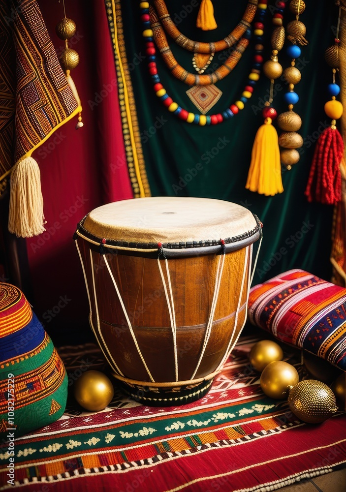 Brightly lit African drum set amidst traditional textiles and ...