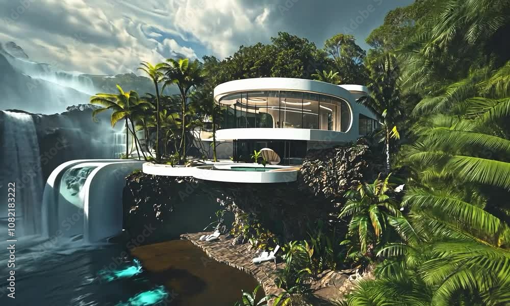 Luxurious futuristic villa on the edge of a volcanic crater, with an ...