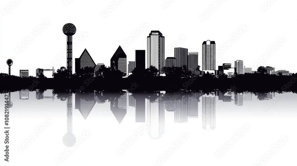 Dallas skyline silhouette with iconic landmarks, in a stylish black and ...