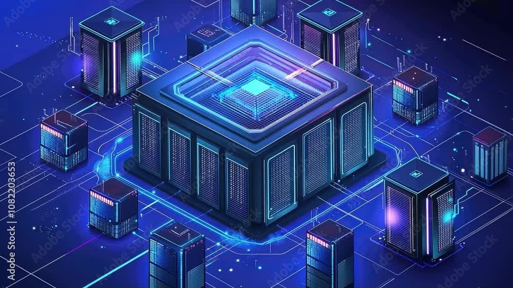 Data Center Powerhouse: Futuristic 3D illustration of a powerful data ...