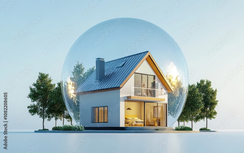 Modern house inside a transparent bubble, on a clear outdoor background ...