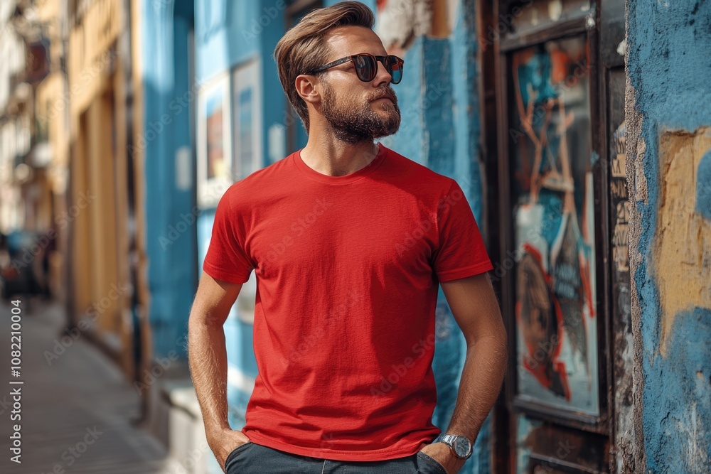 Red t-shirt mockup on young guy. Guy wearing red t-shirt outdoors. T ...