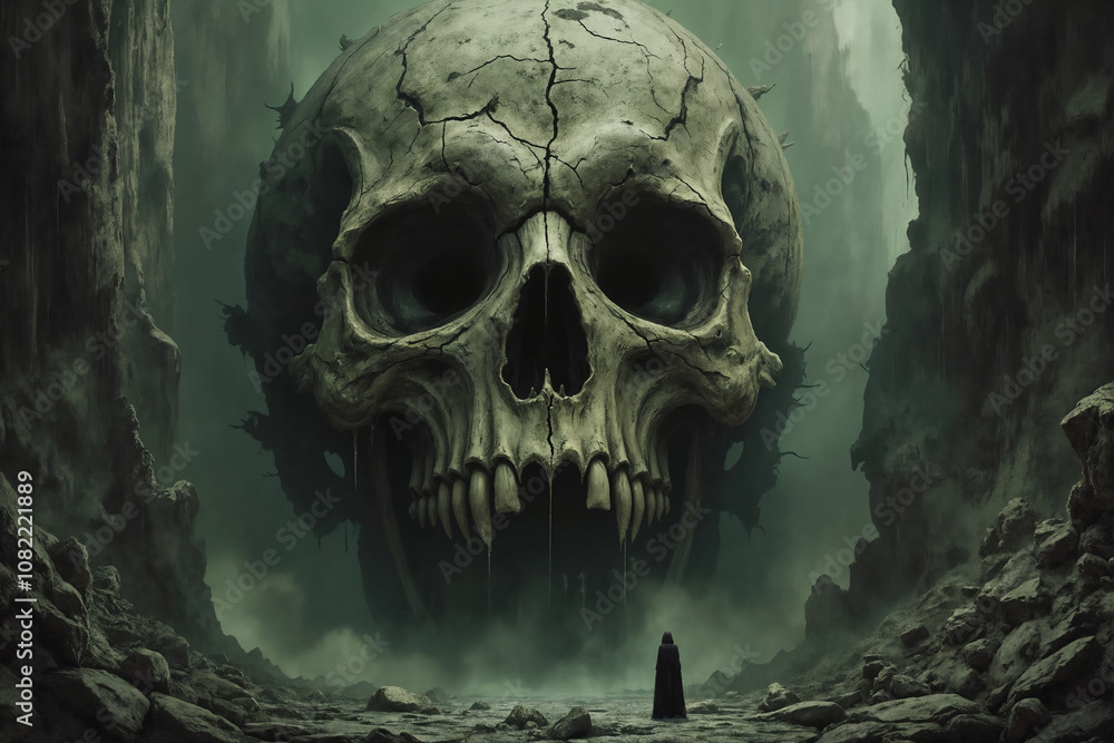 Photo & Art Print Giant skull, misty underground cavern, ancient ...