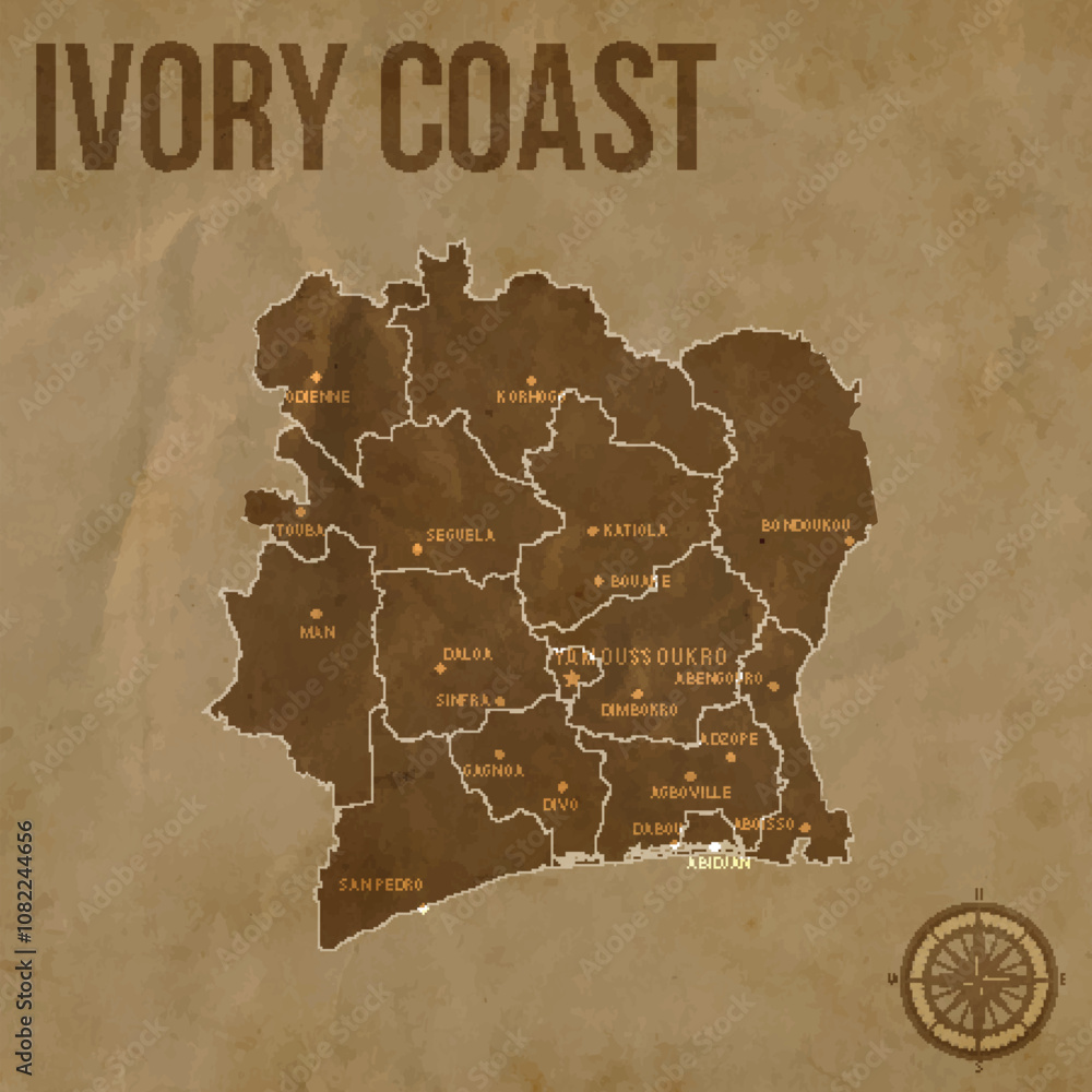 Póster Vintage IVORY COAST Map with Regions Borders and Major Cities ...