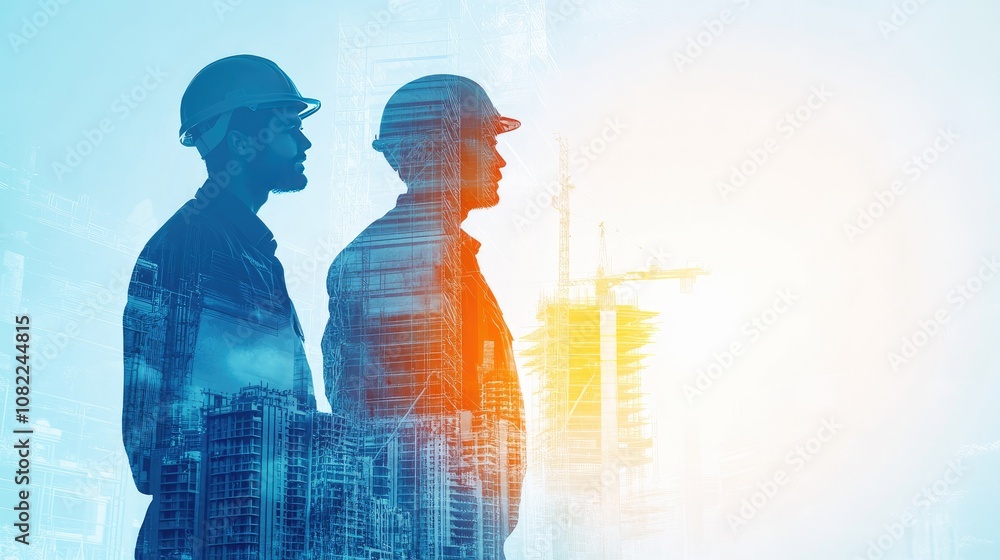 Silhouettes of two male construction workers in hard hats, standing ...