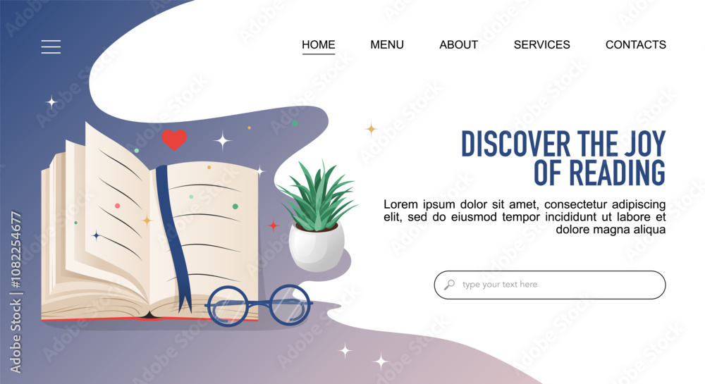 Online library landing page template with opened book, eyeglasses and ...