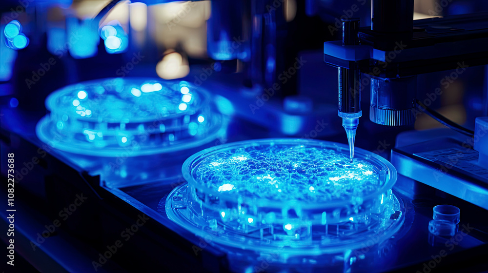 Detailed image of synthetic tissue cells on a bioprinting platform ...