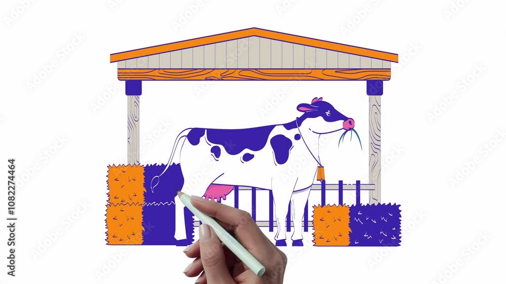 Farmer woman milking cow hand drawn whiteboard animation. Cattle ...