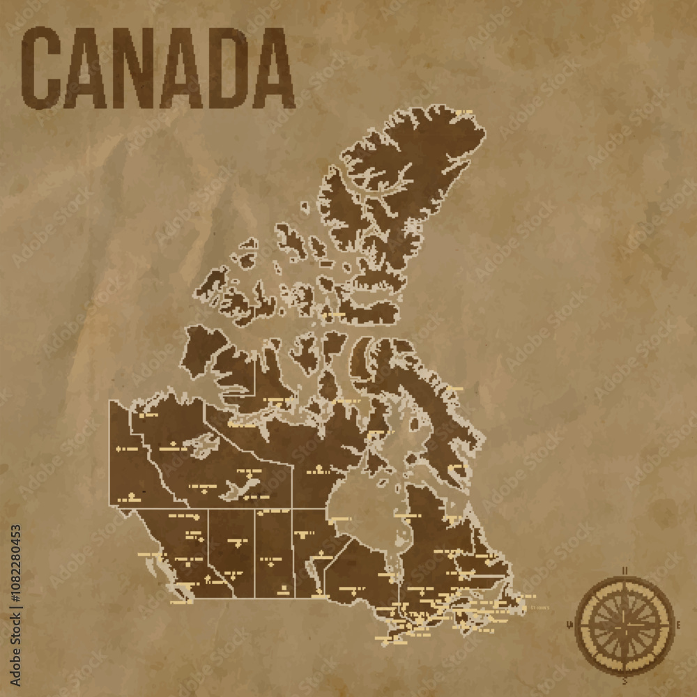 Vintage CANADA Map with Regions Borders and Major Cities Positions ...