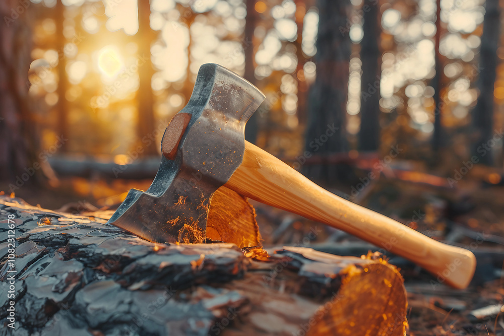 Generative AI image of an axe stuck in a wood stump during a sunset in ...