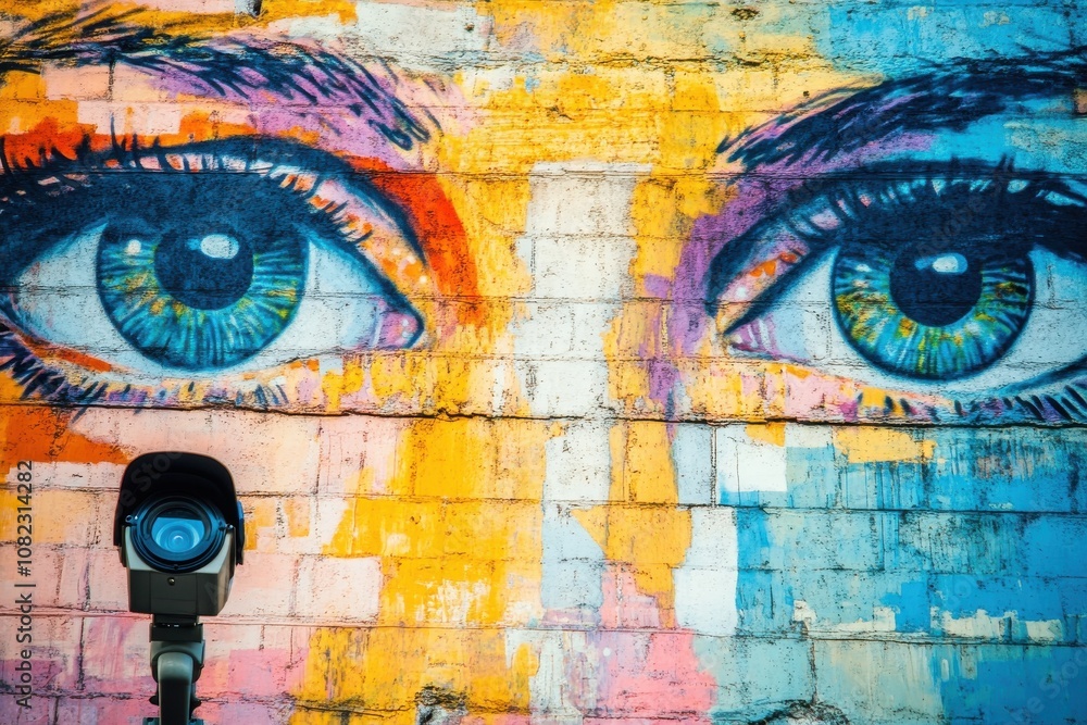 Fotografía Colorful graffiti eyes mural above CCTV camera on urban ...