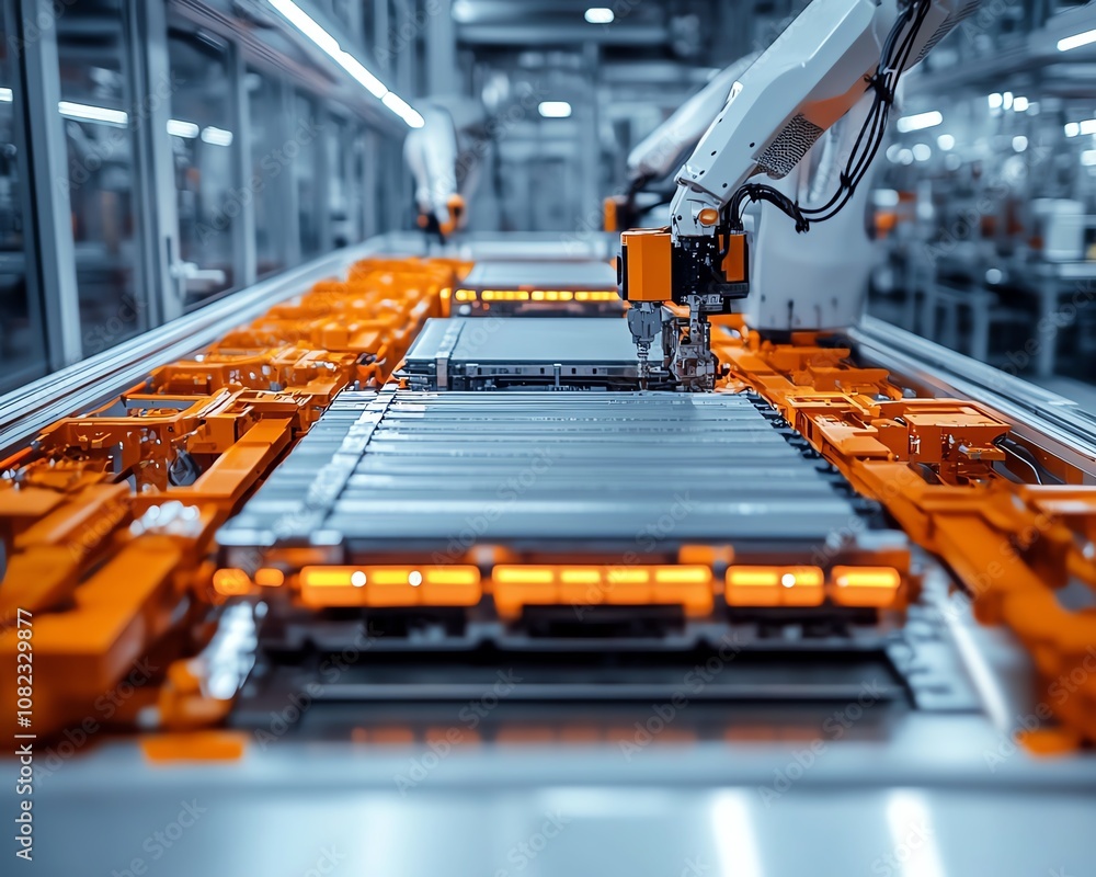 Electric vehicle production line with robotic arms assembling ...