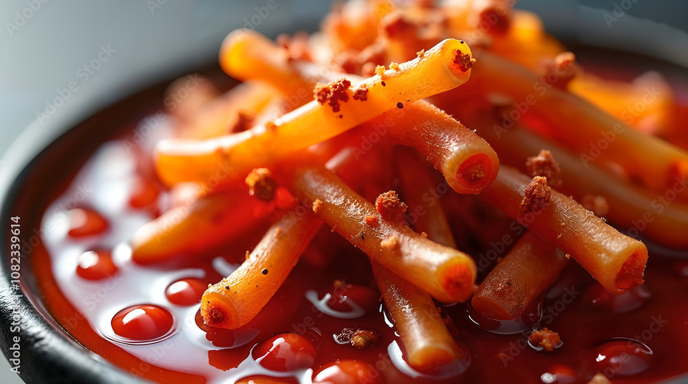 Captivating Close-Up Shot of Spicy Pickled Enoki Mushrooms Enveloped in ...