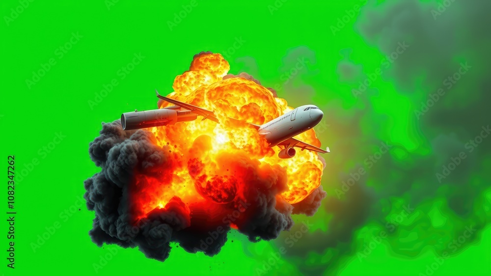 Plane crash on a green screen background, burning fire in the air Stock ...