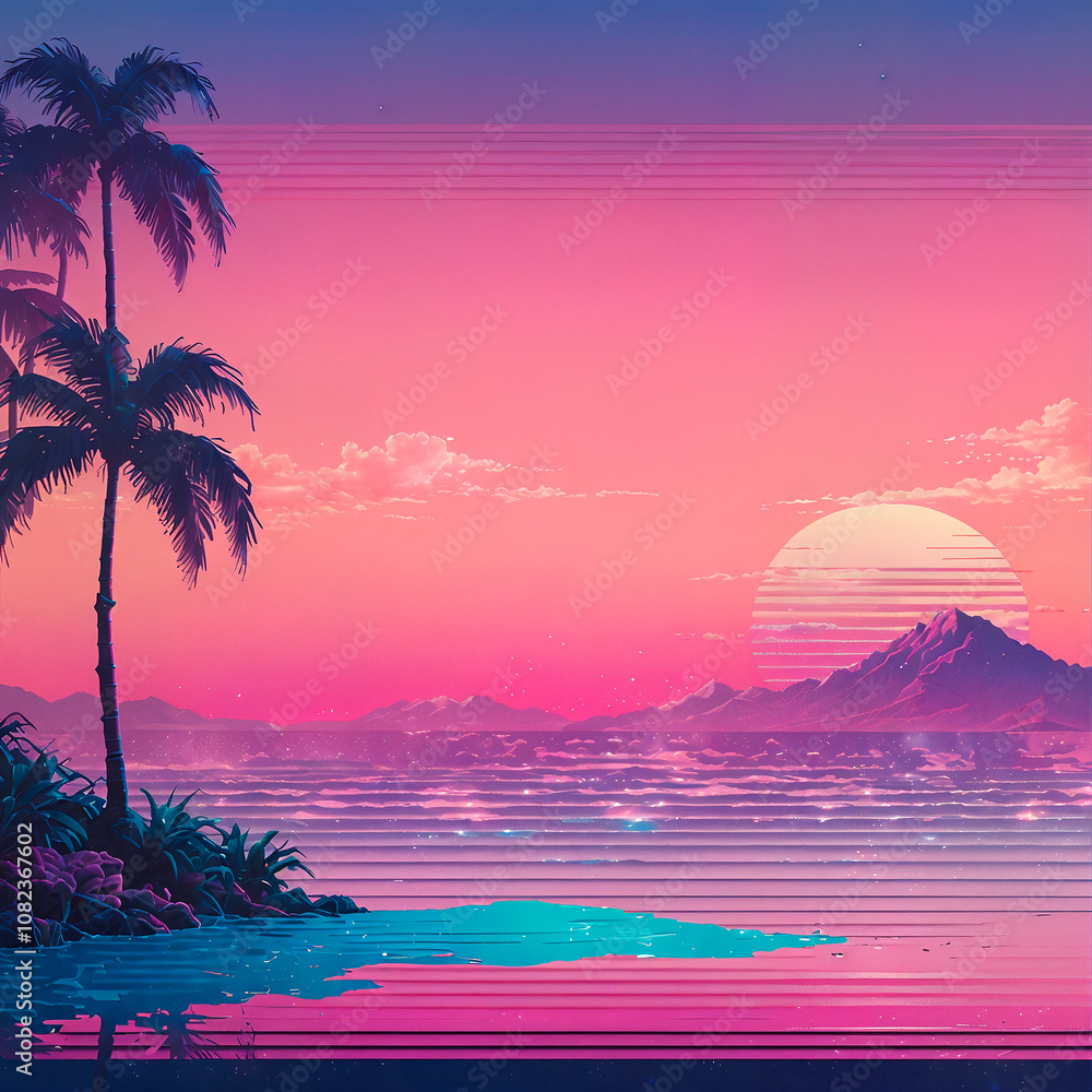 vaporwave gradient background: beach sunset palm light grid landscape ...