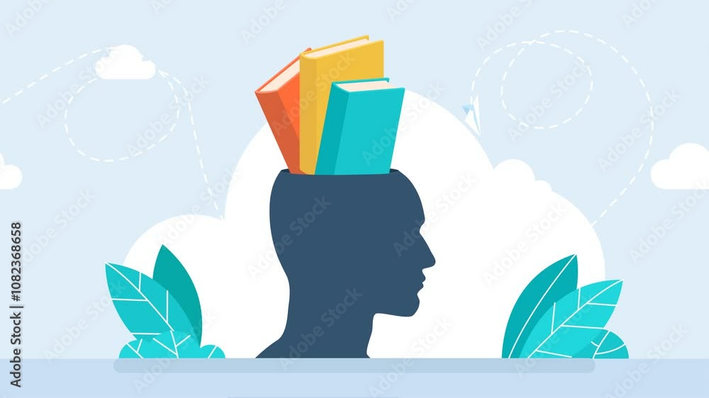 Head silhouette with a stack of books inside. Open male head with books ...