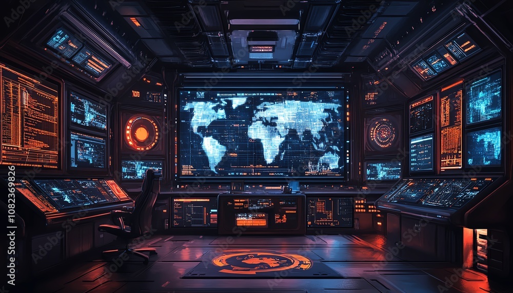 Command center filled with screens displaying global operations, advanced tracking and ...