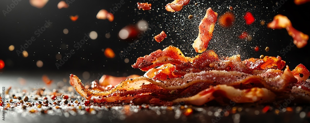 Tossed bacon strips with flying pepper and salt, dark background ...