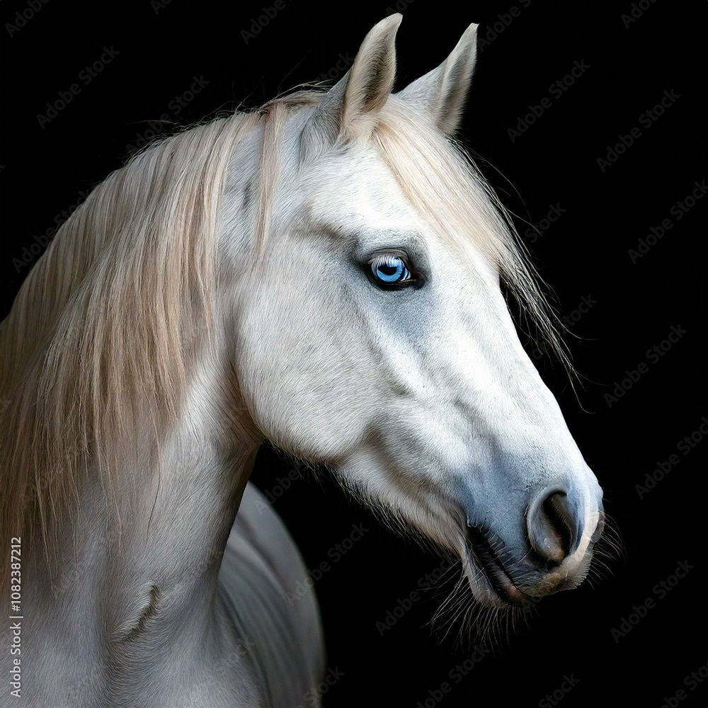 Portrait photo of an albino white horse with blue eyes on black ...