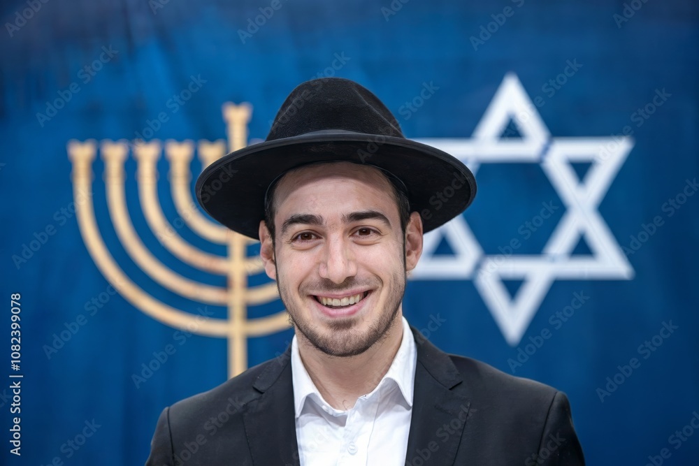 Smiling young man wearing a black hat in front of a blue background ...