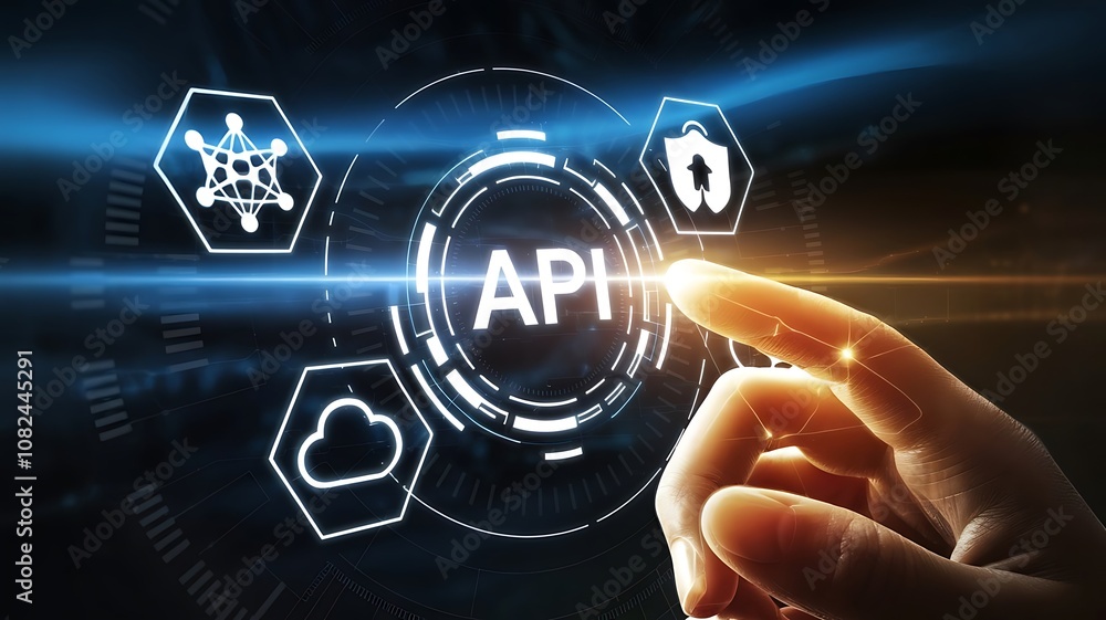 businessman pressing virtual button API, application programming interface. cloud computing ...