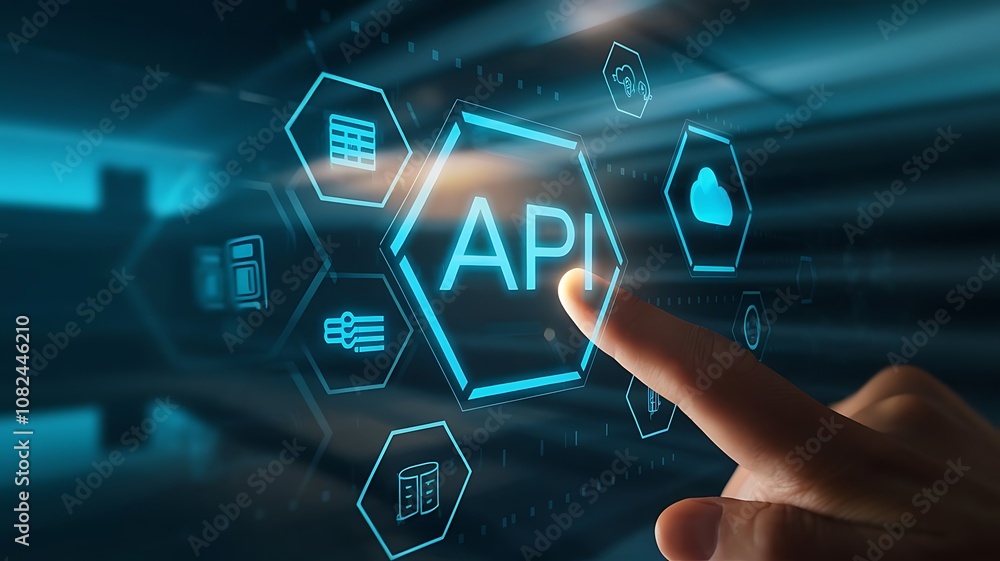 businessman pressing virtual button API, application programming interface. cloud computing ...