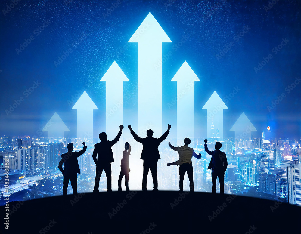 Silhouettes of seven people standing in front of a cityscape, raising ...