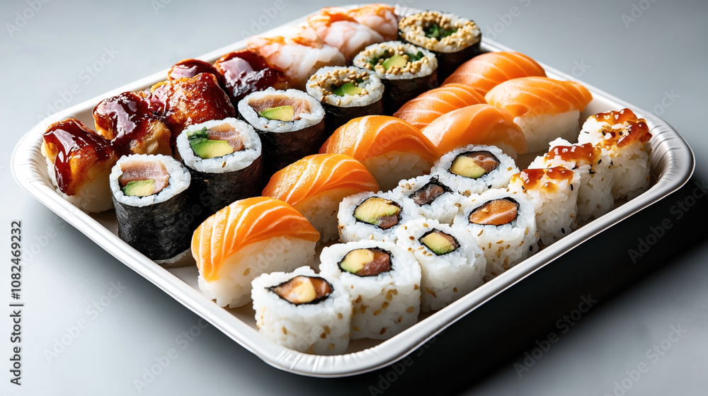 Assorted sushi platter with nigiri, maki, and rolls displaying variety ...