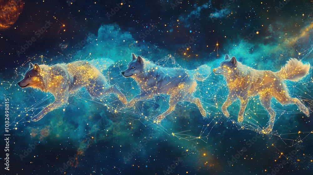 Astral Wolf Pack Running Across the Aurora Borealis: Ethereal Fur ...